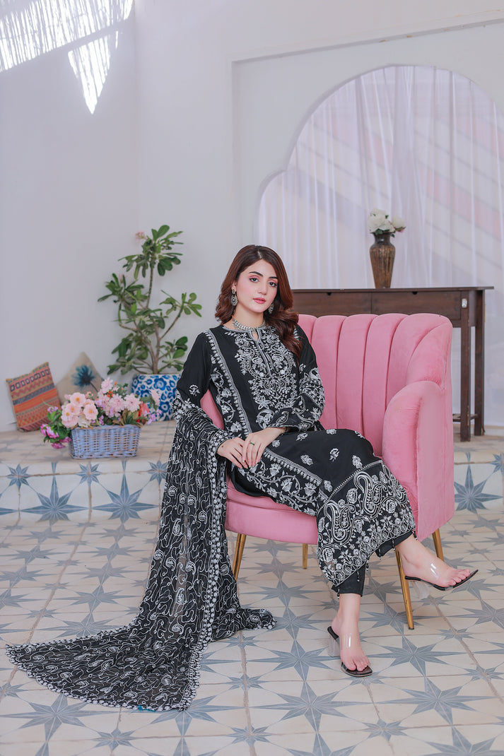 03-Piece Mahpara Embroidered Black Chiffon Suit – Umer Aayan UAE